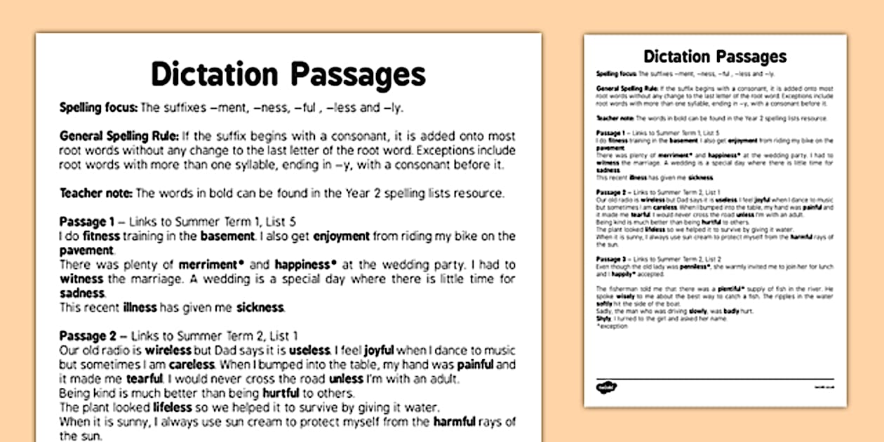 Dictation Passages - The Suffixes -ment -ness -ful -less and -ly