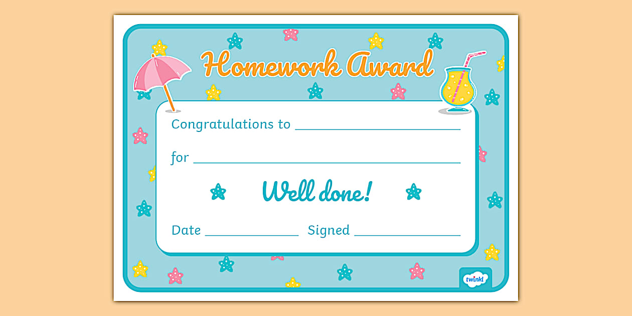 Summer Vibes Themed Homework Award Certificate - Twinkl