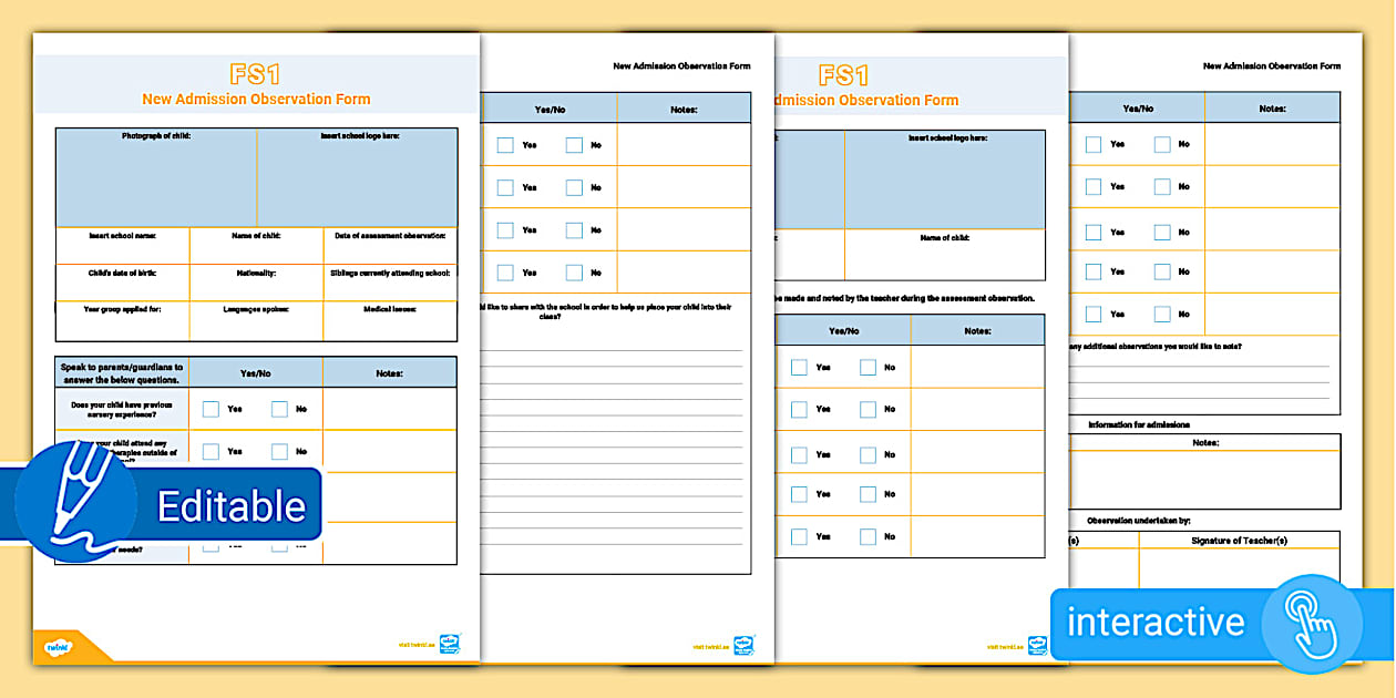 FS1 Kindergarten Assessment Observation Form (Teacher-Made)