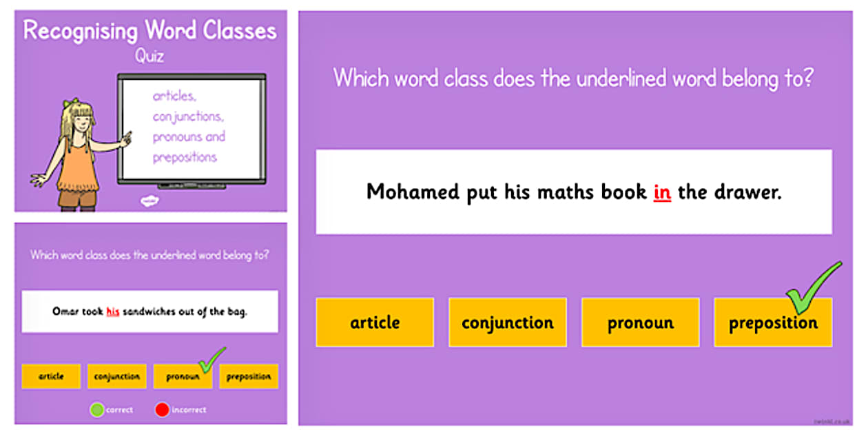 Articles, Conjunctions, Pronouns Prepositions Quiz - Connectives