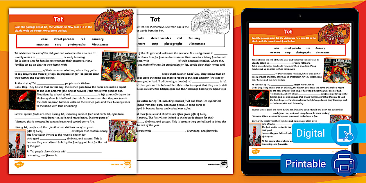 Tet Cloze Reading Worksheet for 3rd-5th Grade | Vietnamese New Year