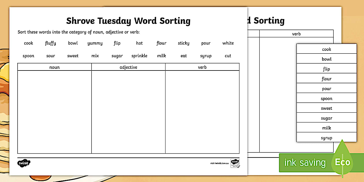 TAS Shrove Tuesday Word Sorting Worksheet (teacher made)