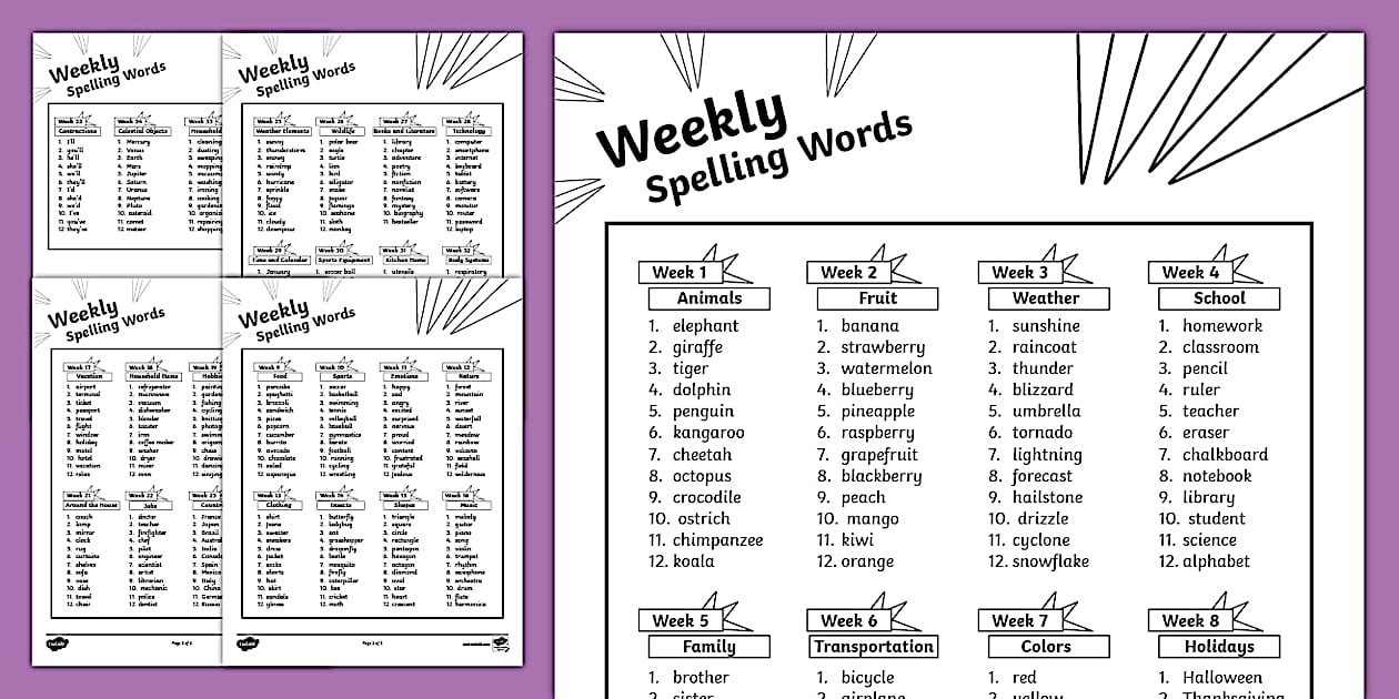 Fourth Grade Spelling Word Lists - Twinkl