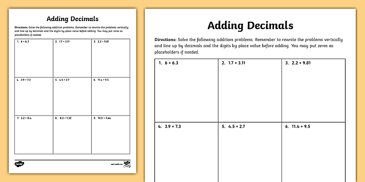 Adding Decimals Worksheet | Resource | Twinkl USA - Twinkl