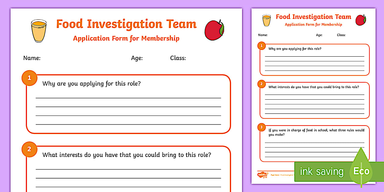 Pupil Voice - School Community - Food Investigation Team - Application Form