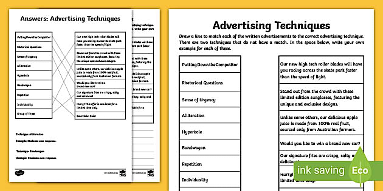 Advertising Techniques Matching Activity | Year 3-6 English