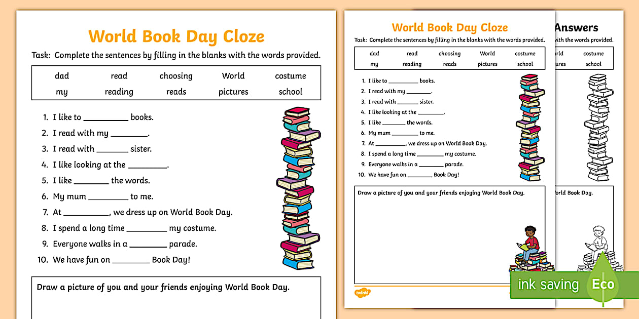 TAS World Book Day Cloze Worksheet (teacher made) - Twinkl