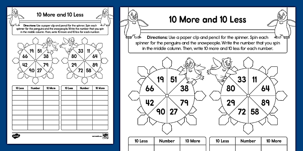 First Grade Winter 10 More and 10 Less Worksheet - Twinkl