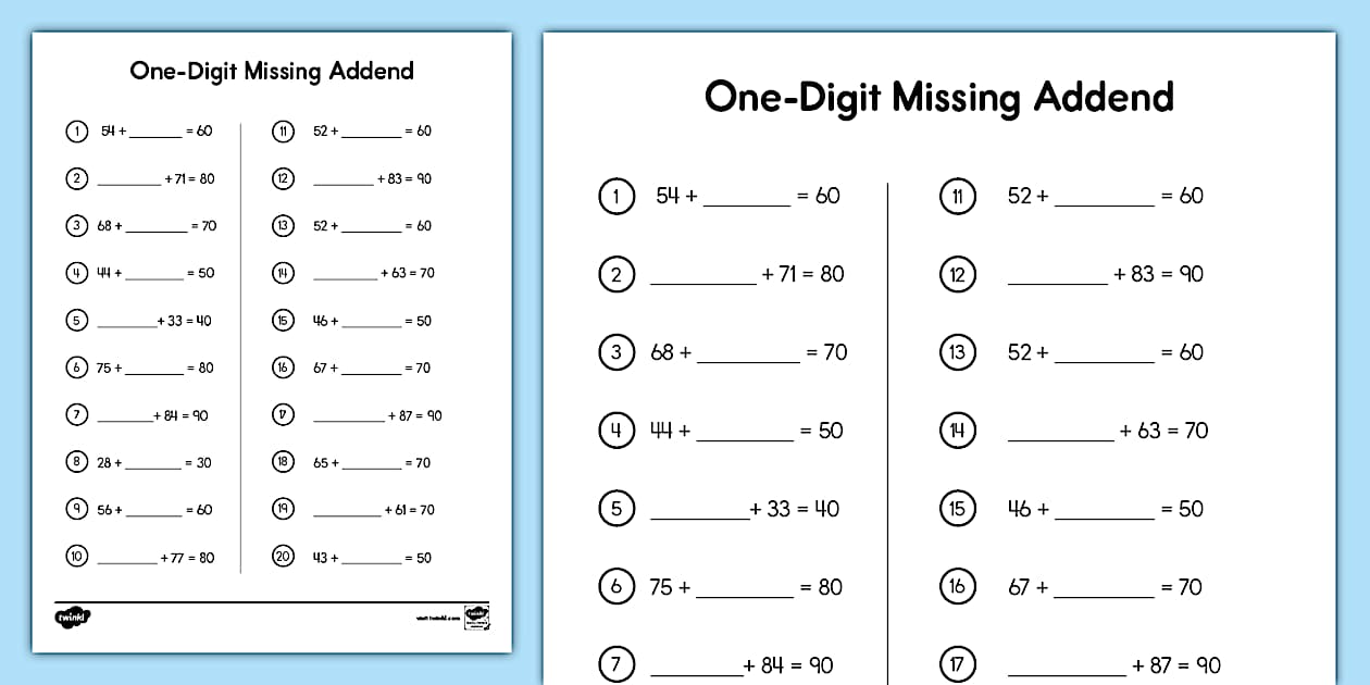 One-Digit Missing Addend Addition for 1st-2nd Grade - Twinkl