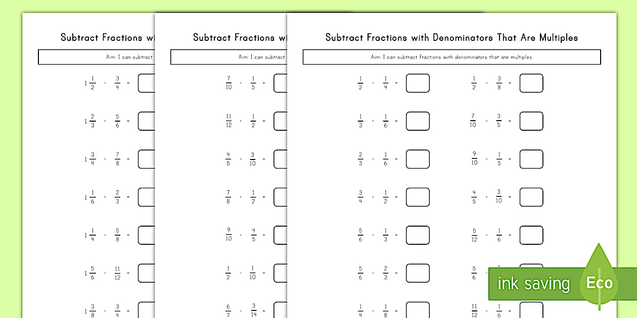 Subtract Fractions Worksheets | Math Teaching Resources 3-5