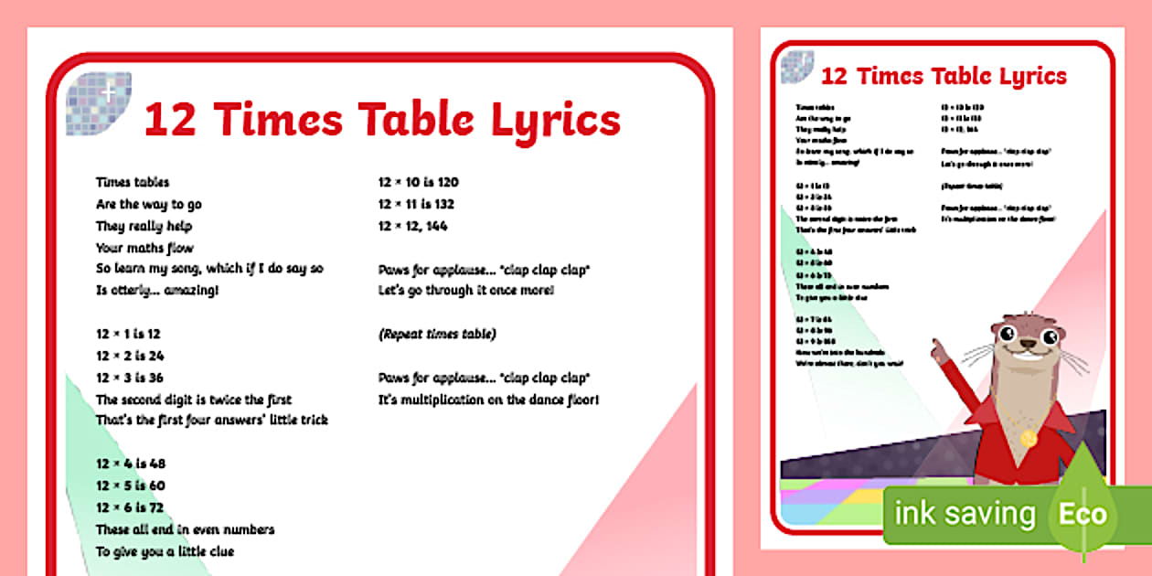 👉 12 Times Tables Song Lyrics Poster | Twinkl Go!