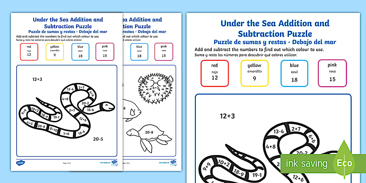 Under the Sea Themed Addition and Subtraction Puzzle 0-10 Worksheet