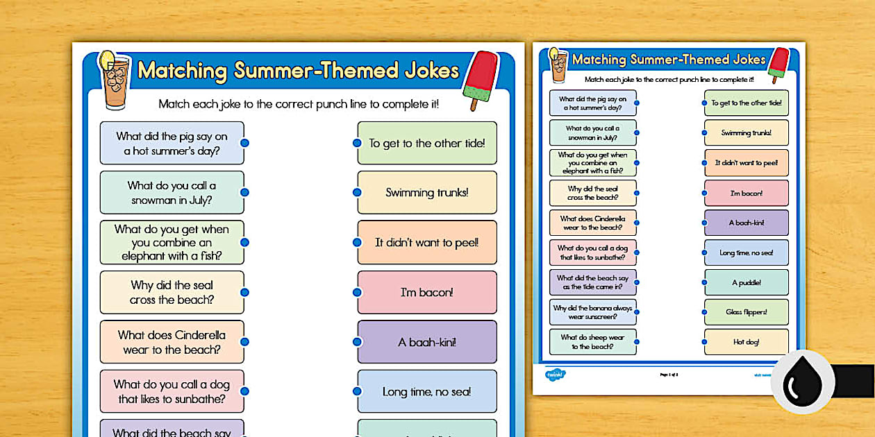 Summer-Themed Jokes Matching Worksheet - Twinkl