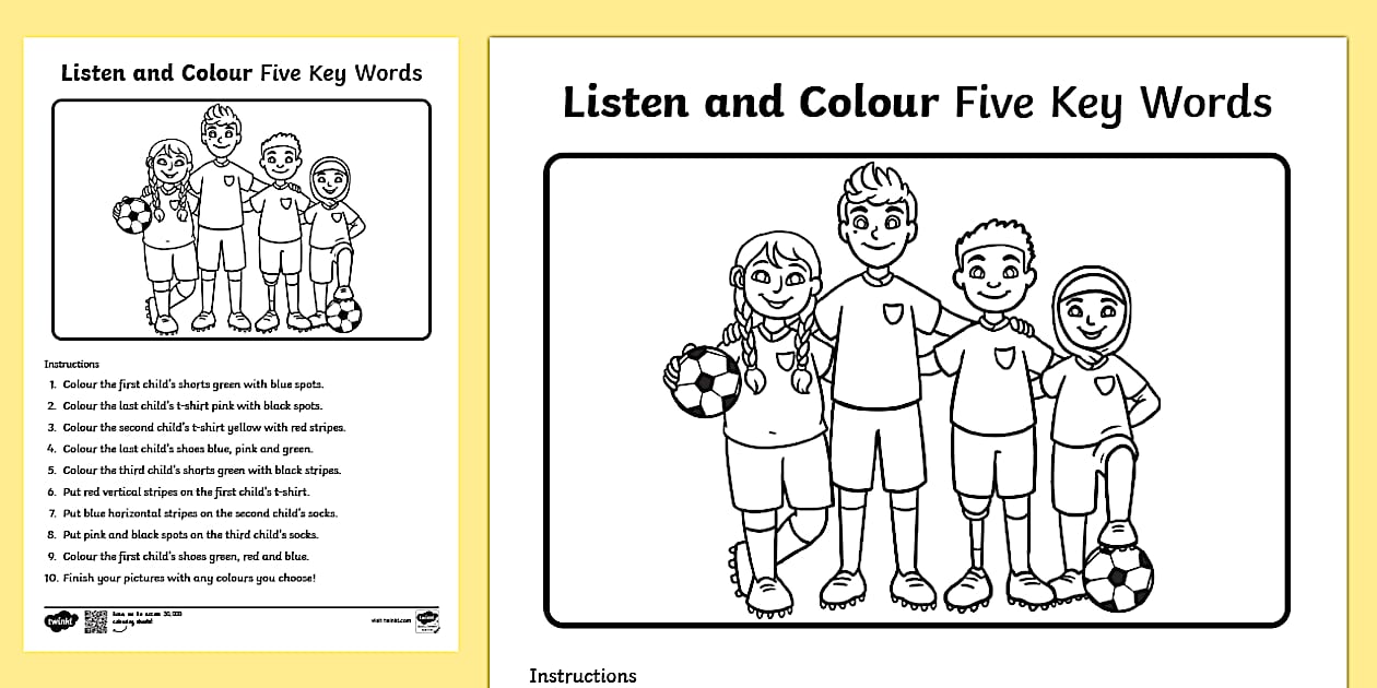 Listen and Colour 5 Key Words Worksheet / Worksheet - Twinkl
