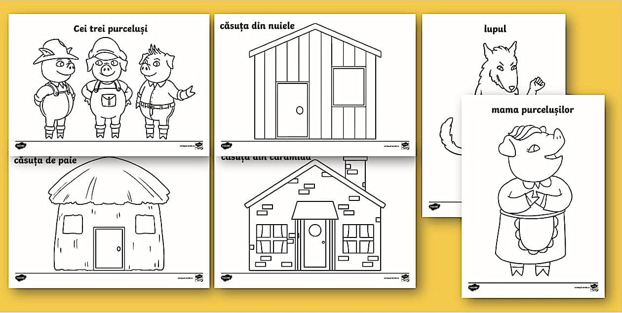 Cei trei purceluși – Desene de colorat - Twinkl