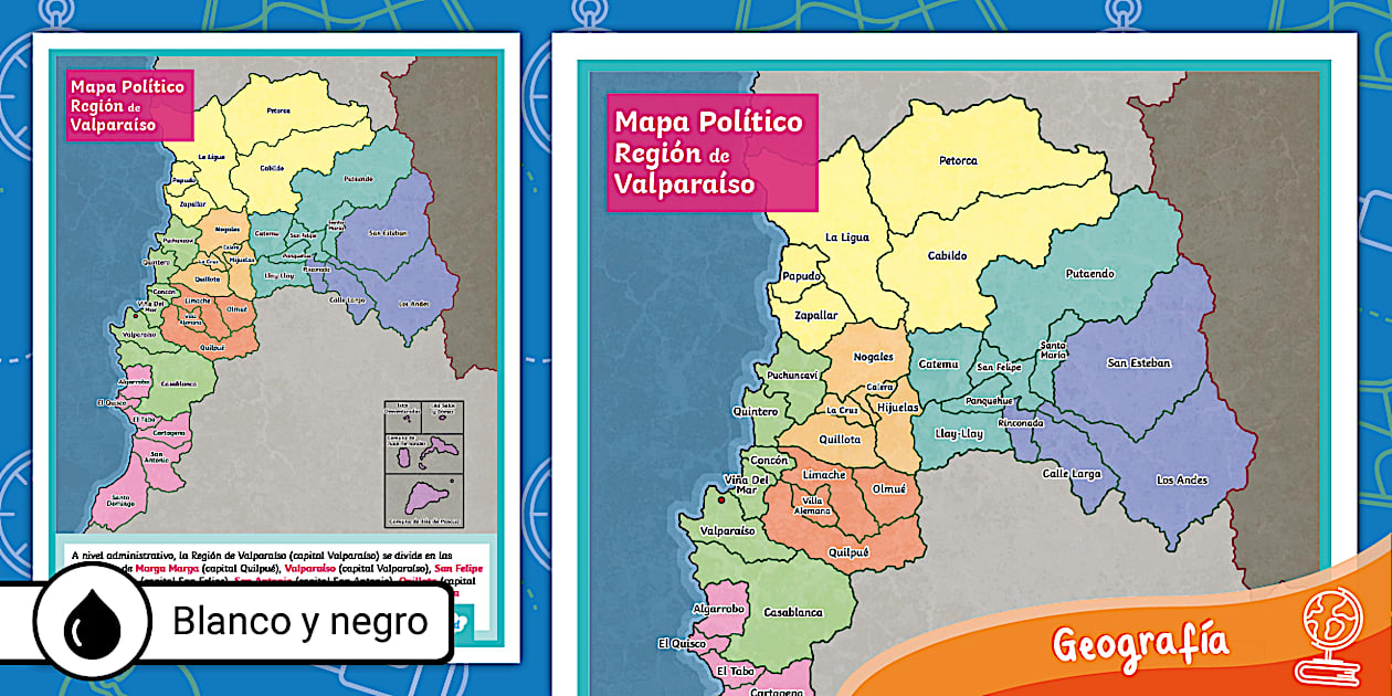 Póster | Mapa Político | Región de Valparaíso | Geografía