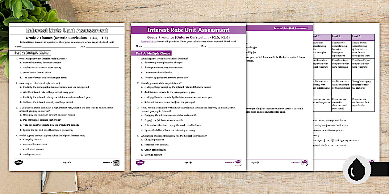 Grade 7 Interest Rates Assessment - Twinkl