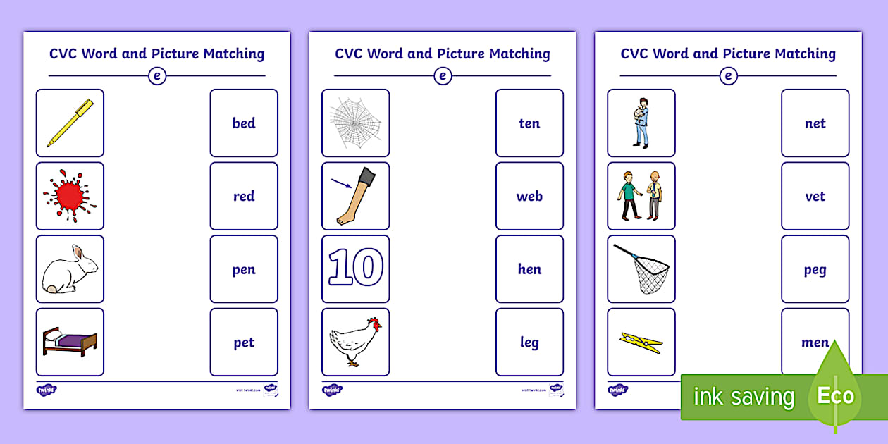 Cursive CVC Word and Picture Matching Worksheets e - Twinkl