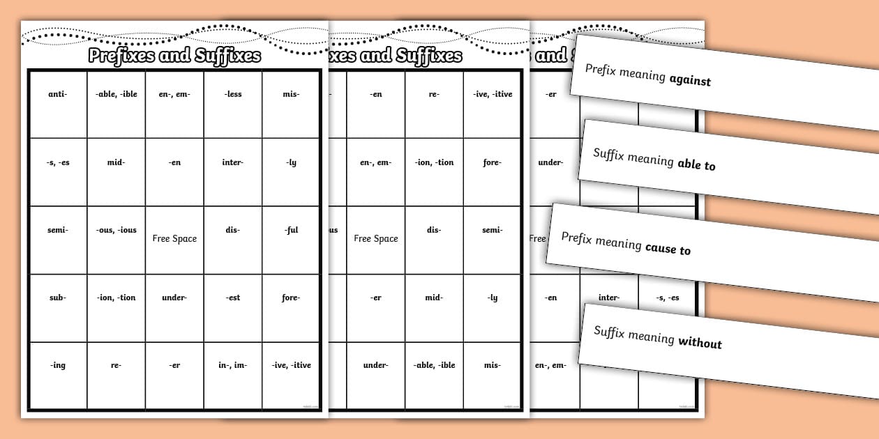 Sixth Grade Prefixes and Suffixes Bingo (teacher made)