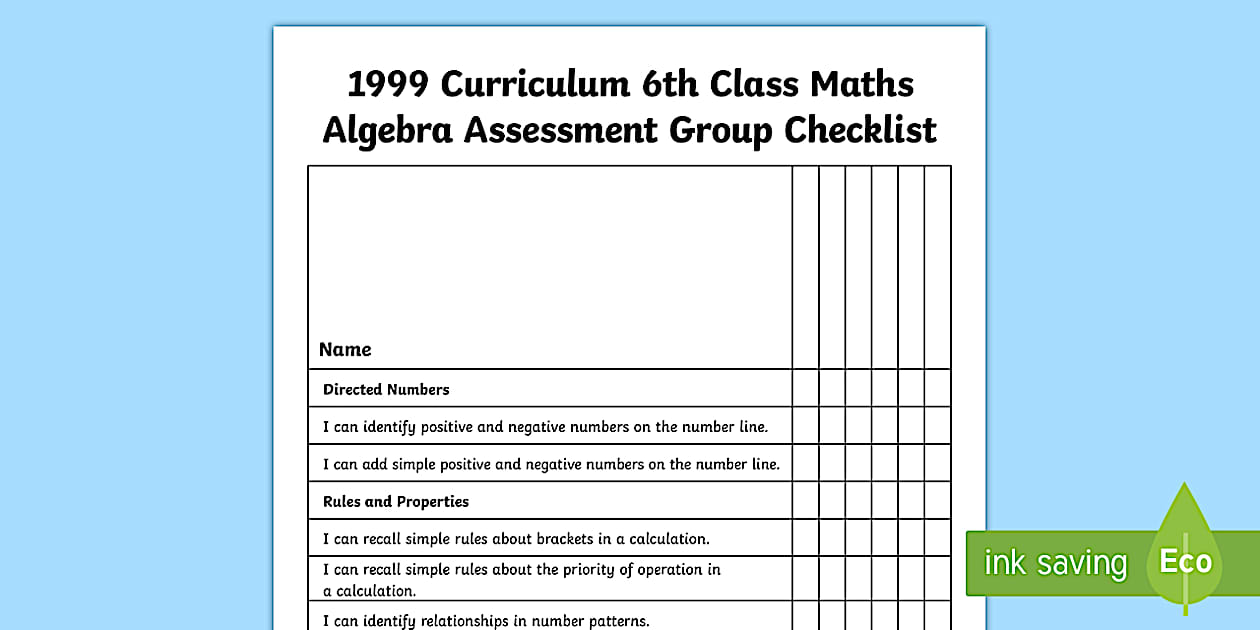 1999 Curriculum 6th Class Maths Algebra Assessment Group Checklist