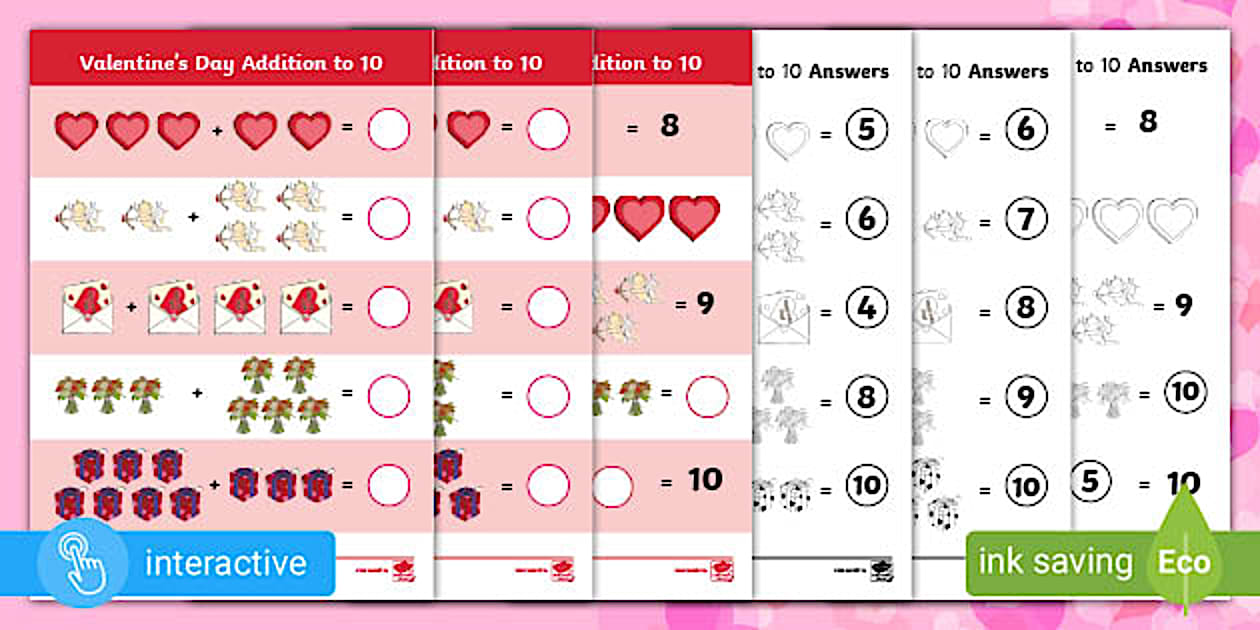 Valentine's Day Addition to 10 Activity (teacher made)