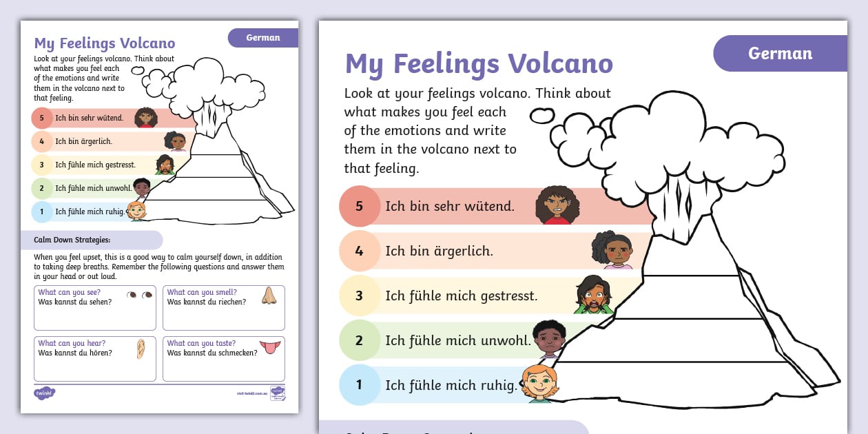 Feelings Volcano - German Activity Sheet (teacher made)