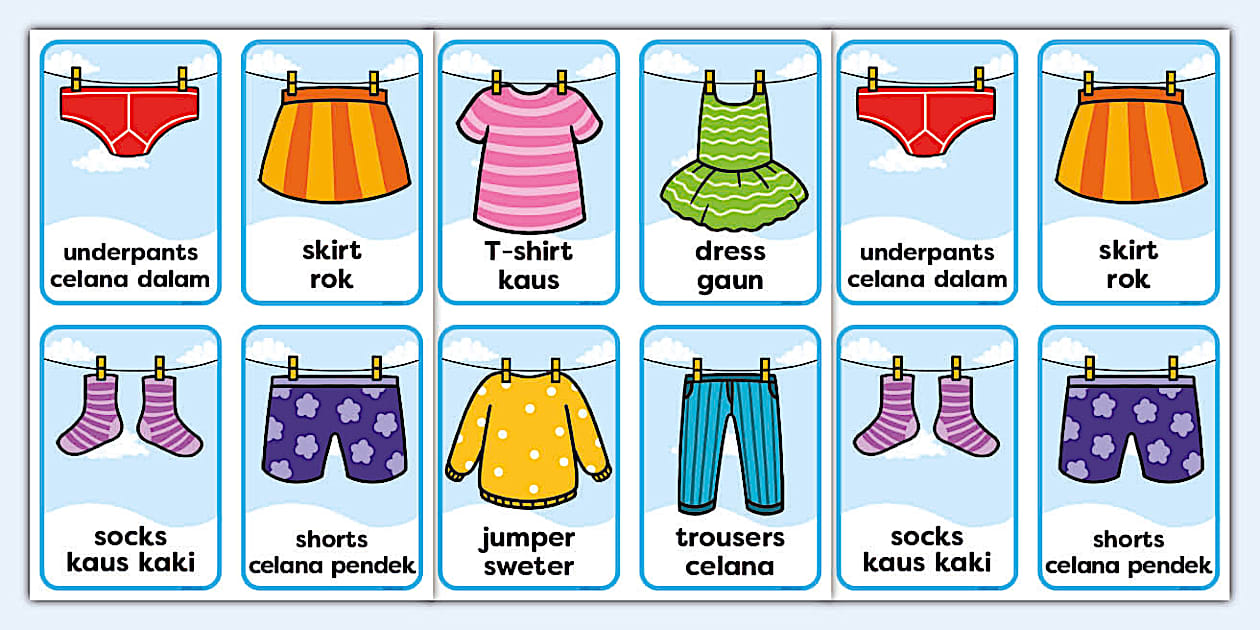 Let's Name Our Clothes! Indonesian/English Flashcards