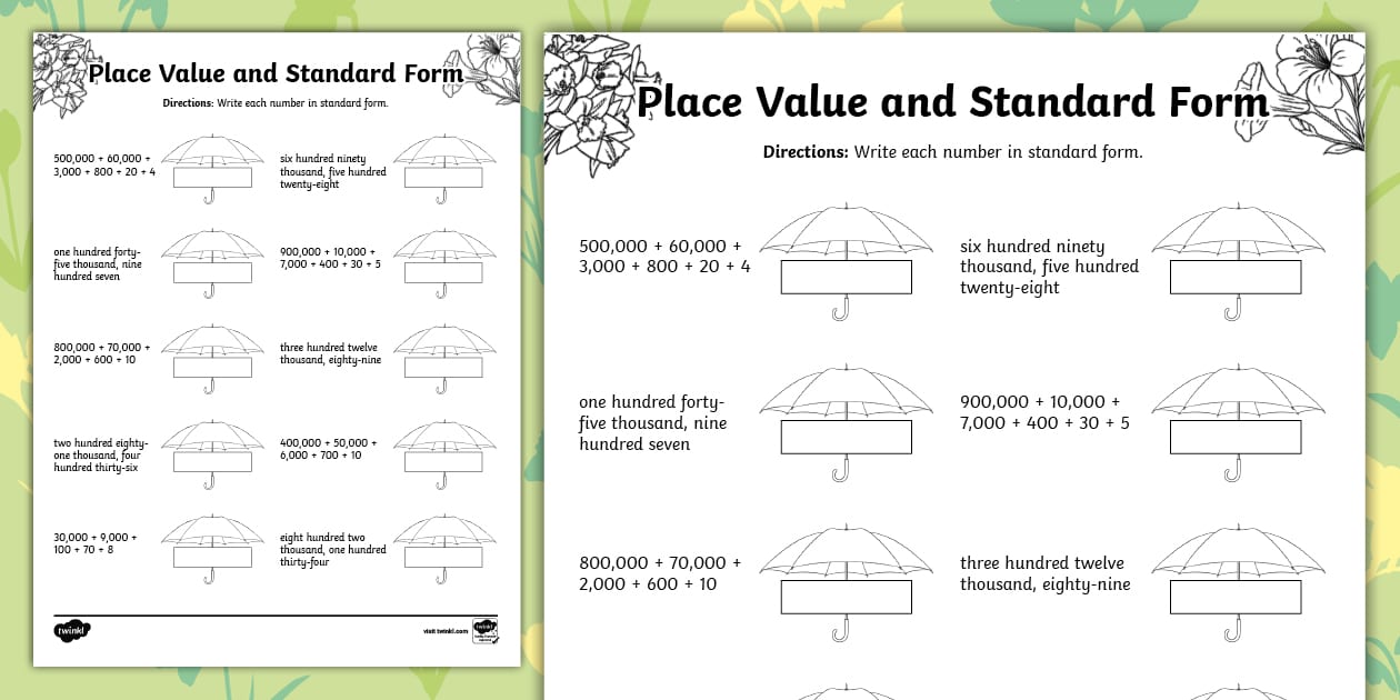 Fourth Grade Spring Place Value and Standard Form Worksheet