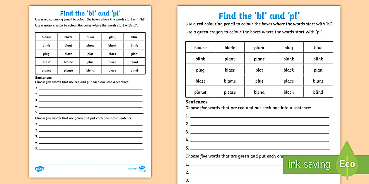 Black and White Find the 'bl' and 'pl' Worksheet - Twinkl