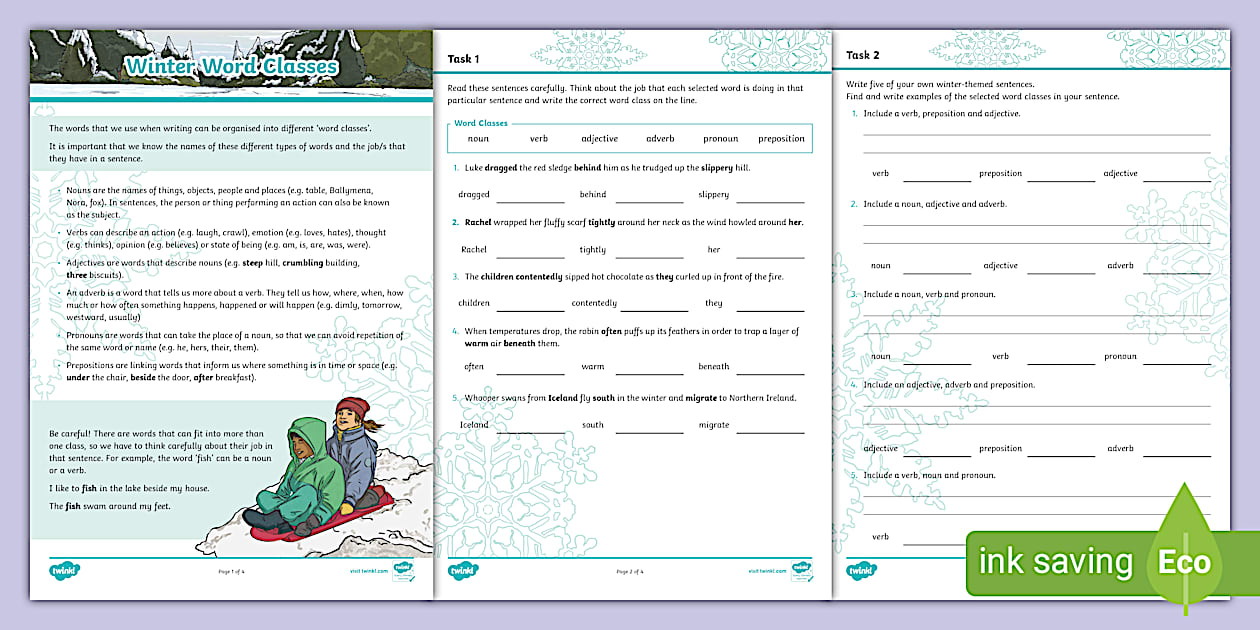 Word Classes Activity Sheets Winter (teacher made) - Twinkl