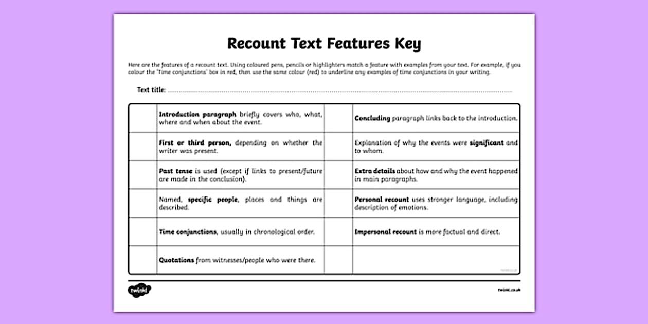 LKS2 Features of a Recount Text Checklist (teacher made)