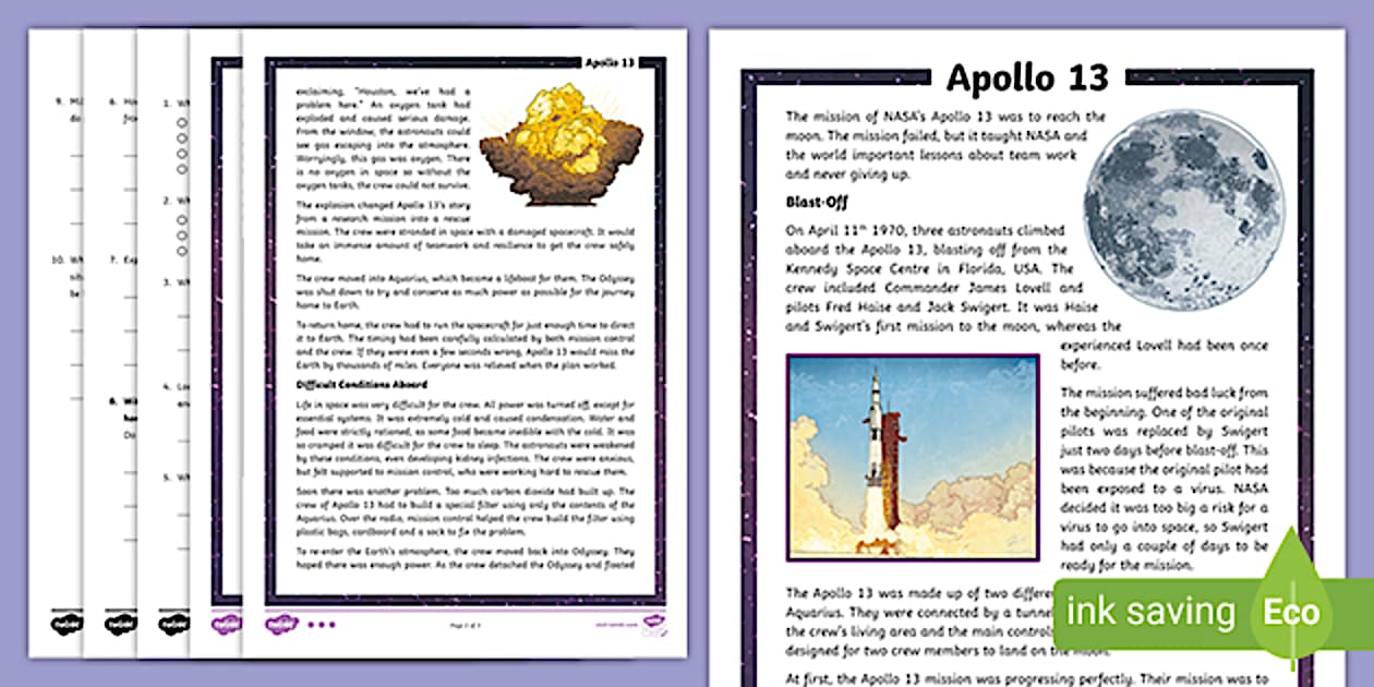 Apollo 13 Reading Comprehension UKS2 (teacher made) - Twinkl