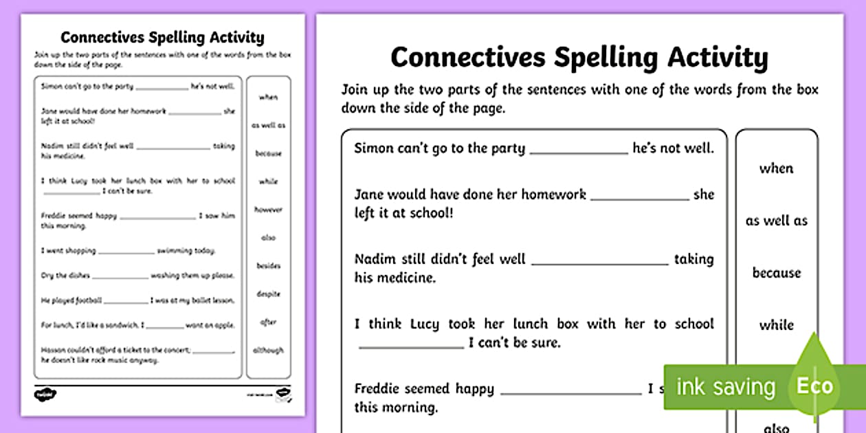 Connectives Worksheet - Gap Fill Grammar Activity - Primary