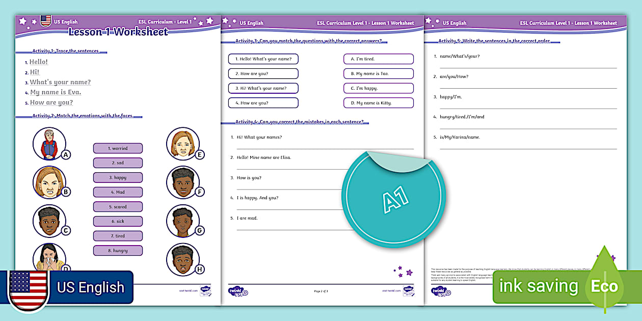 ESL Curriculum (US-English) Level 1, Lesson 1 Worksheet