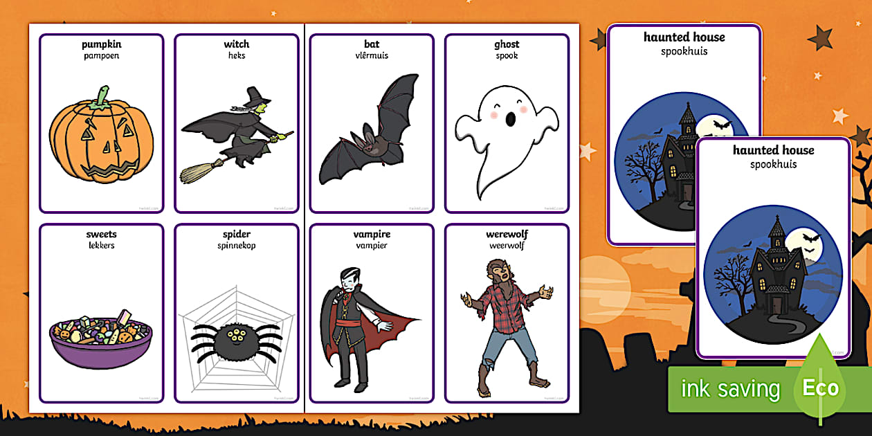 Halloween Pairs Matching Game Word Cards English/Afrikaans