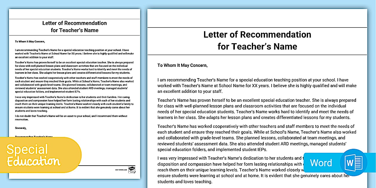 Coworker Letter of Recommendation for Special Education Teacher