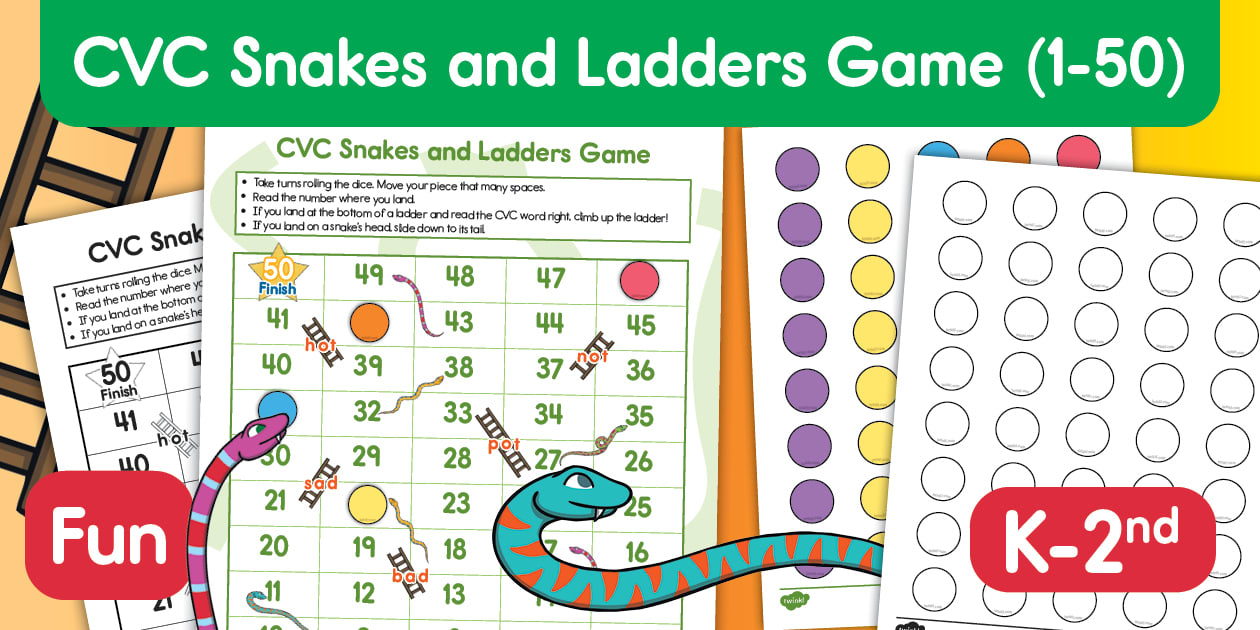 CVC Snakes and Ladders Game (1-50) (teacher made) - Twinkl