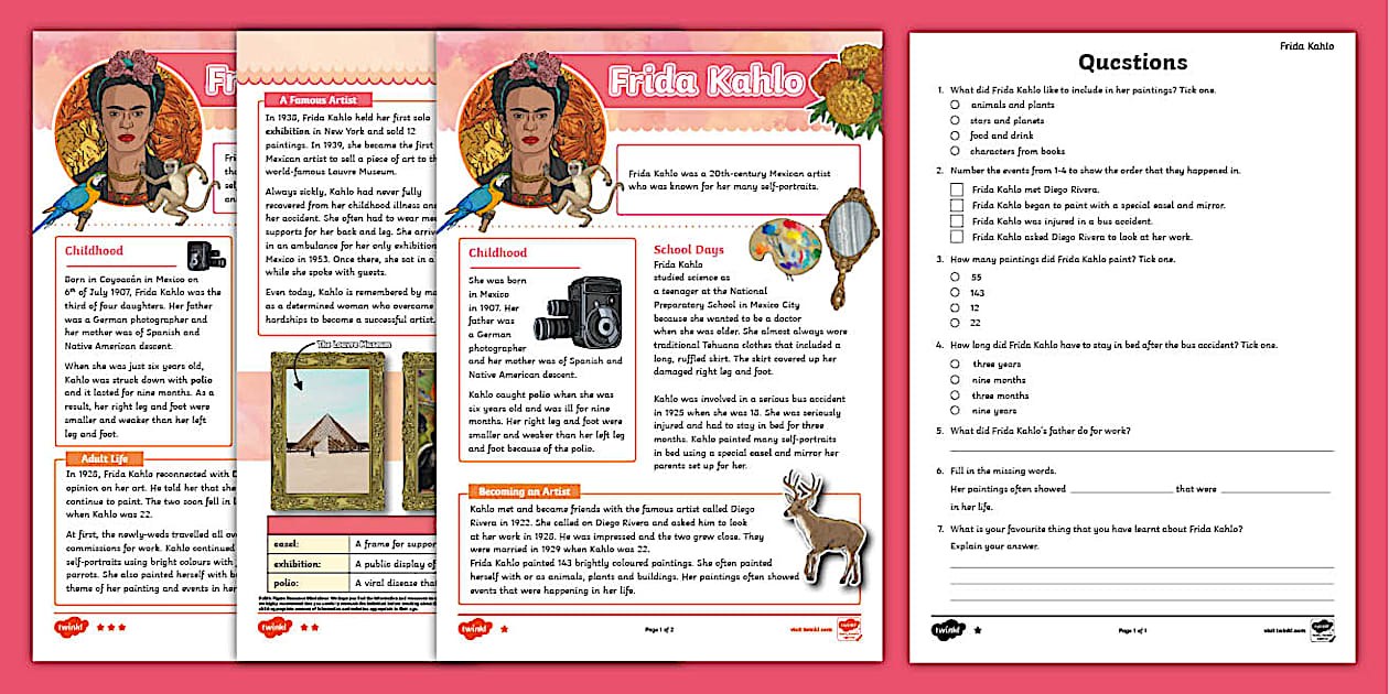 LKS2 Frida Kahlo Reading Comprehension Activity - Twinkl