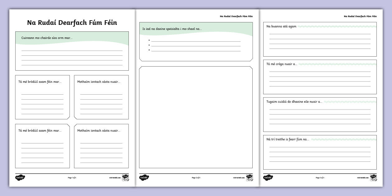 Na Rudaí Dearfach Fúm Féin Leathanaigh Oibre - Twinkl