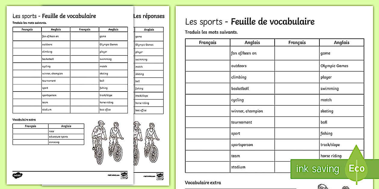 Sports Translation Worksheet / Worksheet French