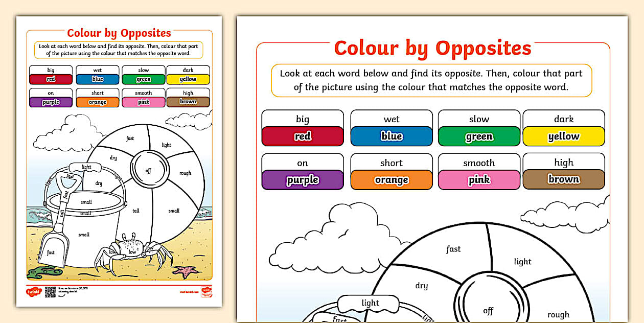 Summer-Themed Colour by Opposites Worksheet