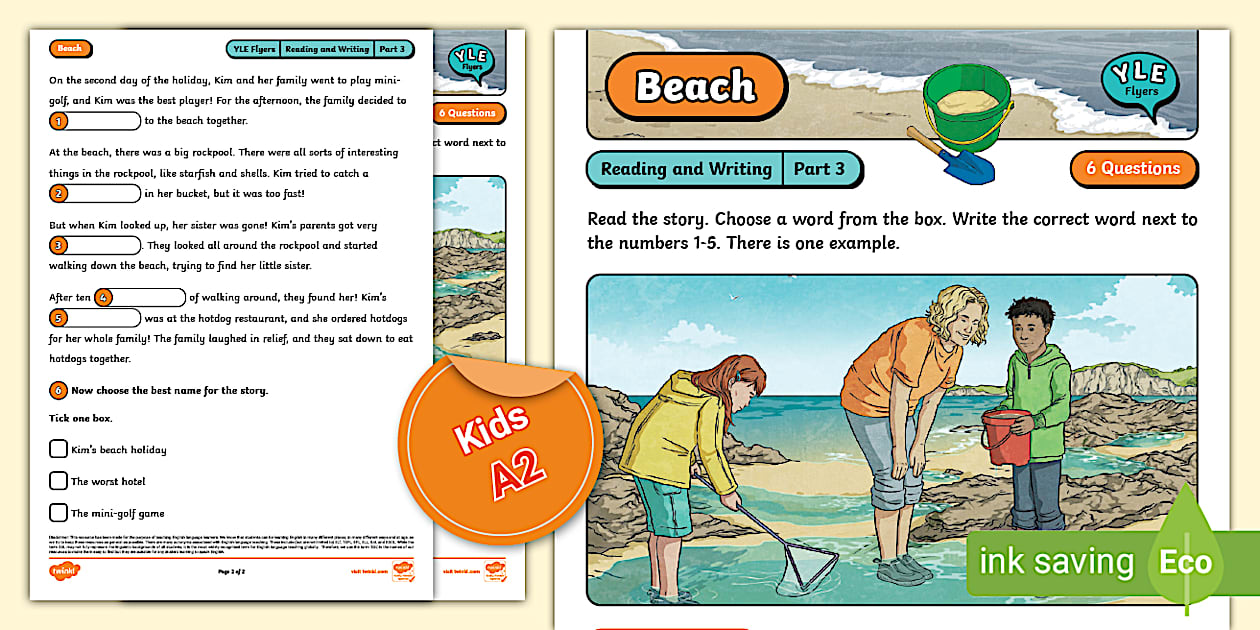 ESL YLE Flyers Reading and Writing Sheet (Beach) [Kids, A2]
