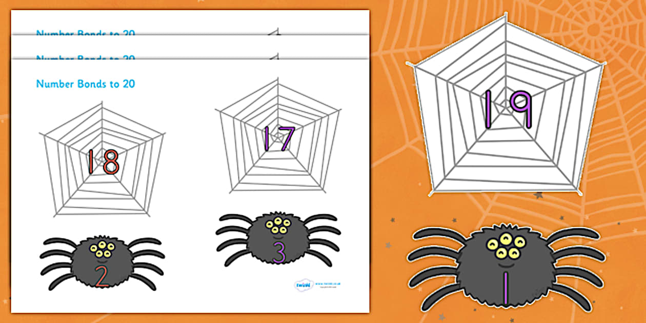 Halloween Number Bonds to 20 on Spiders and Webs - Twinkl