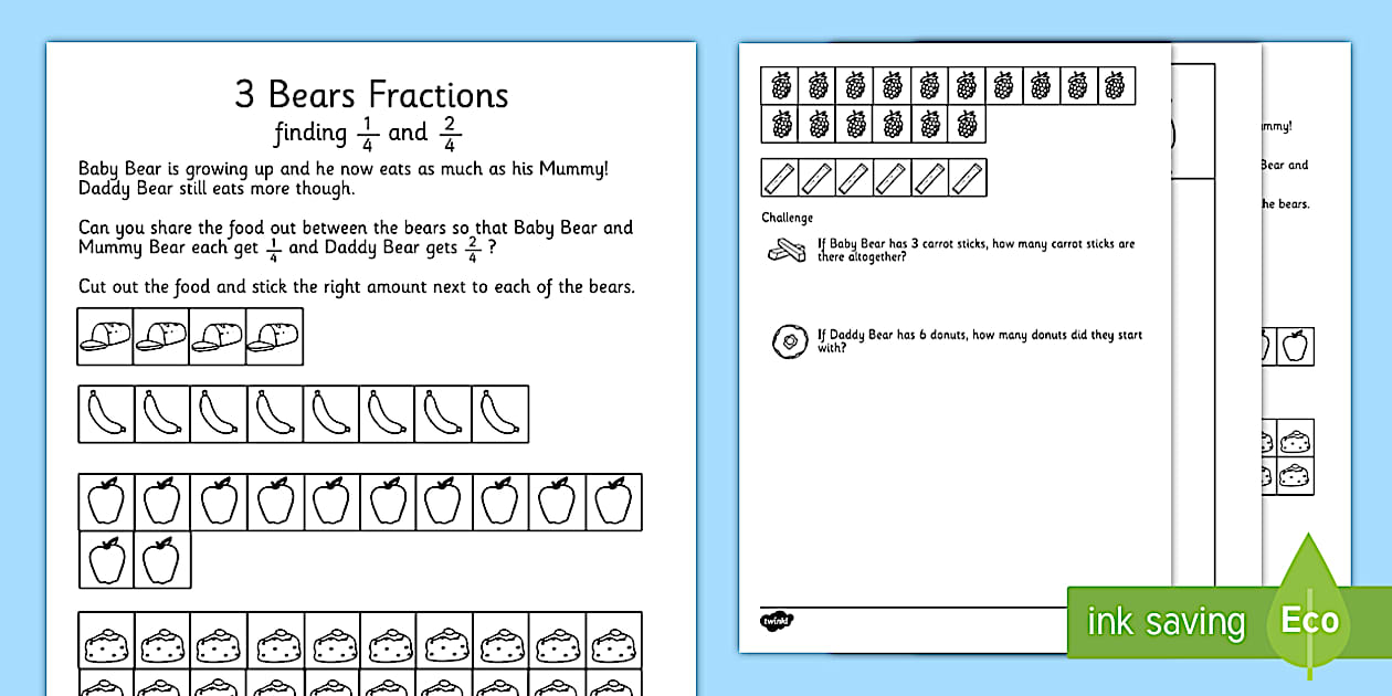 Three Bears Fractions Worksheet / Worksheet (teacher made)