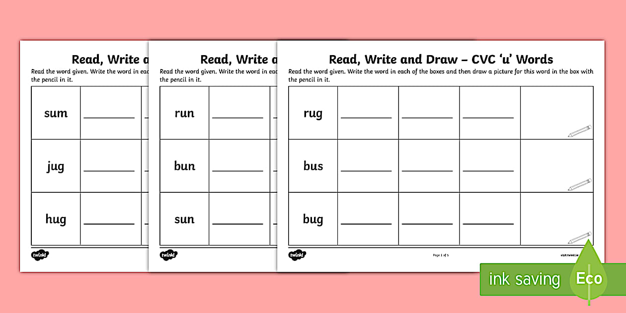 Read, Write and Draw CVC 'u' Words Worksheet / Worksheet