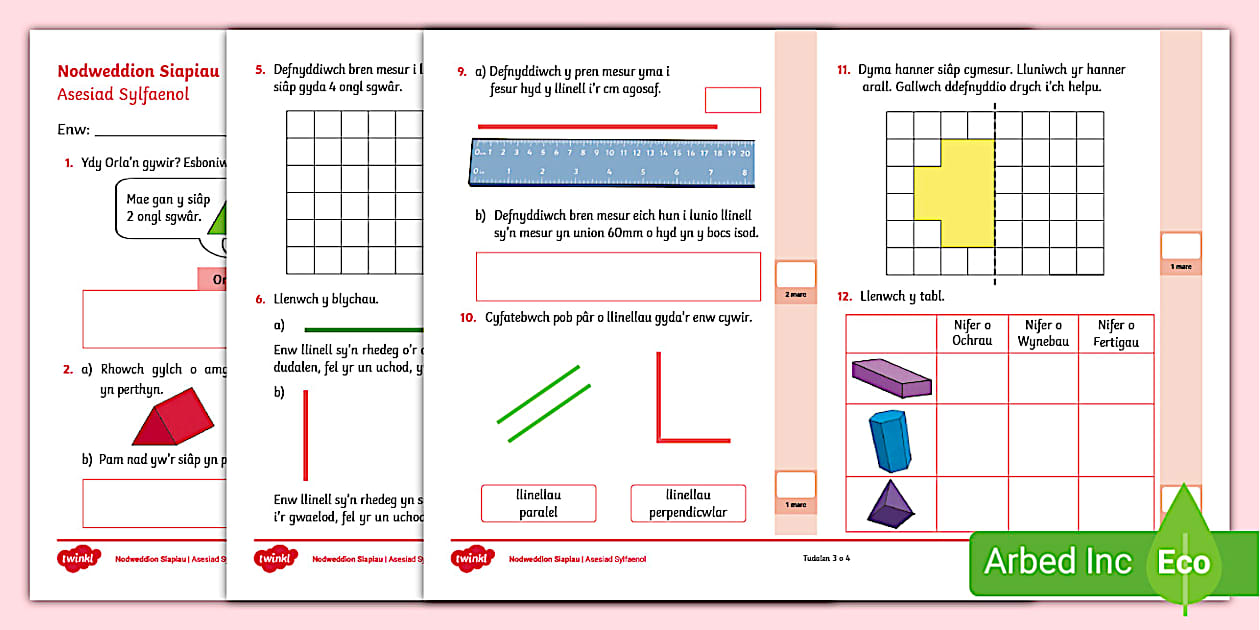 Asesiad Sylfaenol Priodweddau Siapiau (l'enseignant a fait)