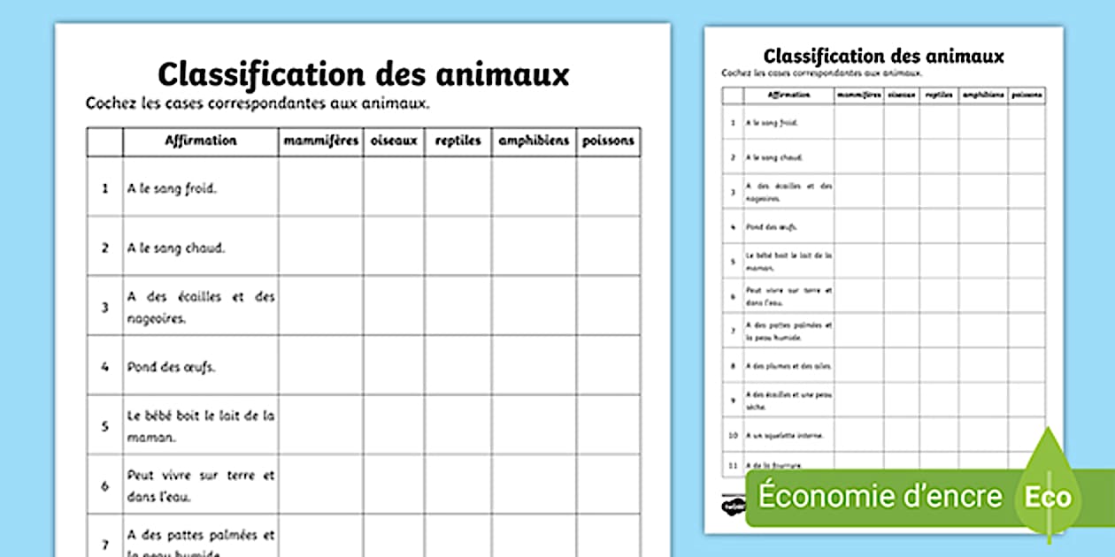 Fiche d'activités : La classification des animaux
