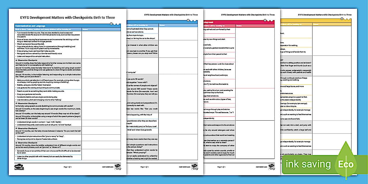 EYFS Development Matters Checkpoints Prime Areas Birth to 3