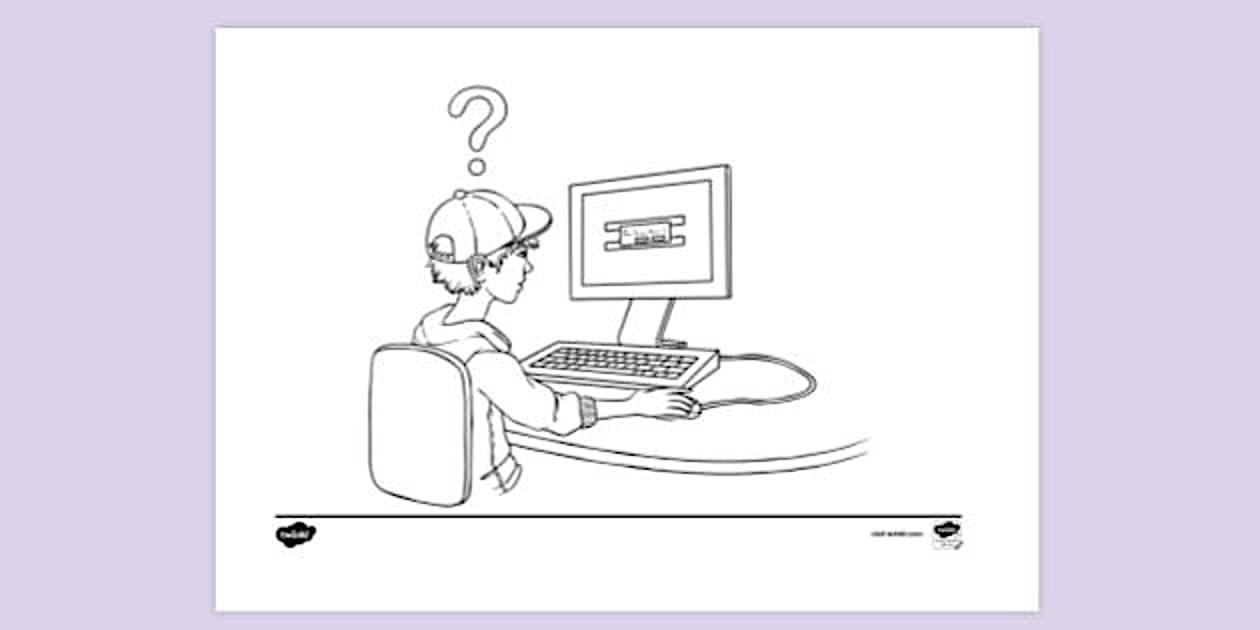Child at Computer with Question Mark Colouring Sheet