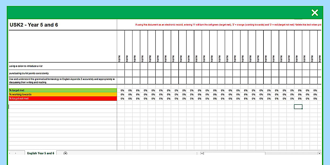 2014 National Curriculum UKS2 Years English Writing Assessment Spreadsheet